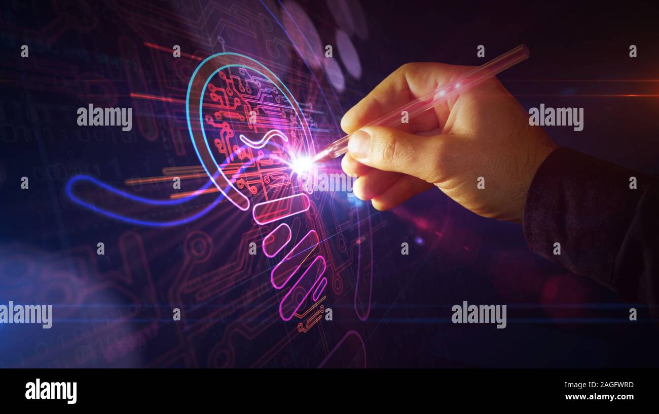 New idea concept with bulb symbol project creating. Innovation, cyber ...