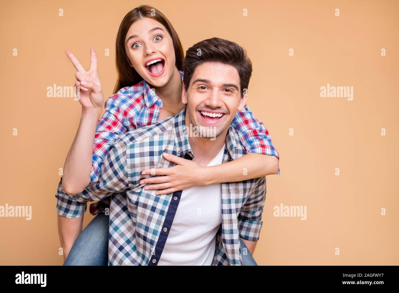 Photo of cheerful positive excited crazy boyfriend and girlfriend with ...