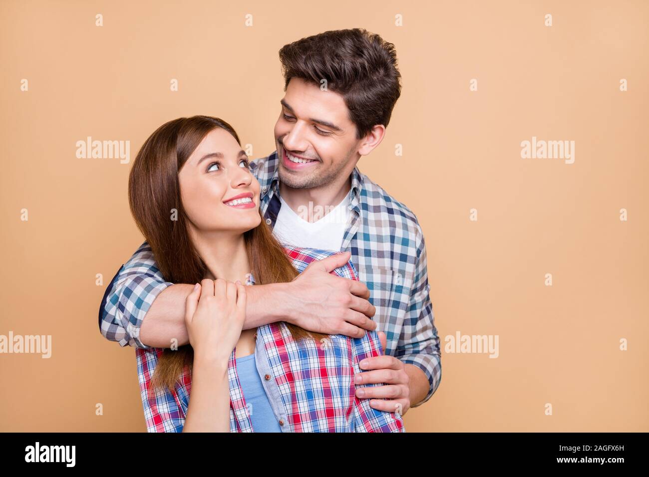 Photo of cheerful positive cute charming gorgeous couple of two people ...