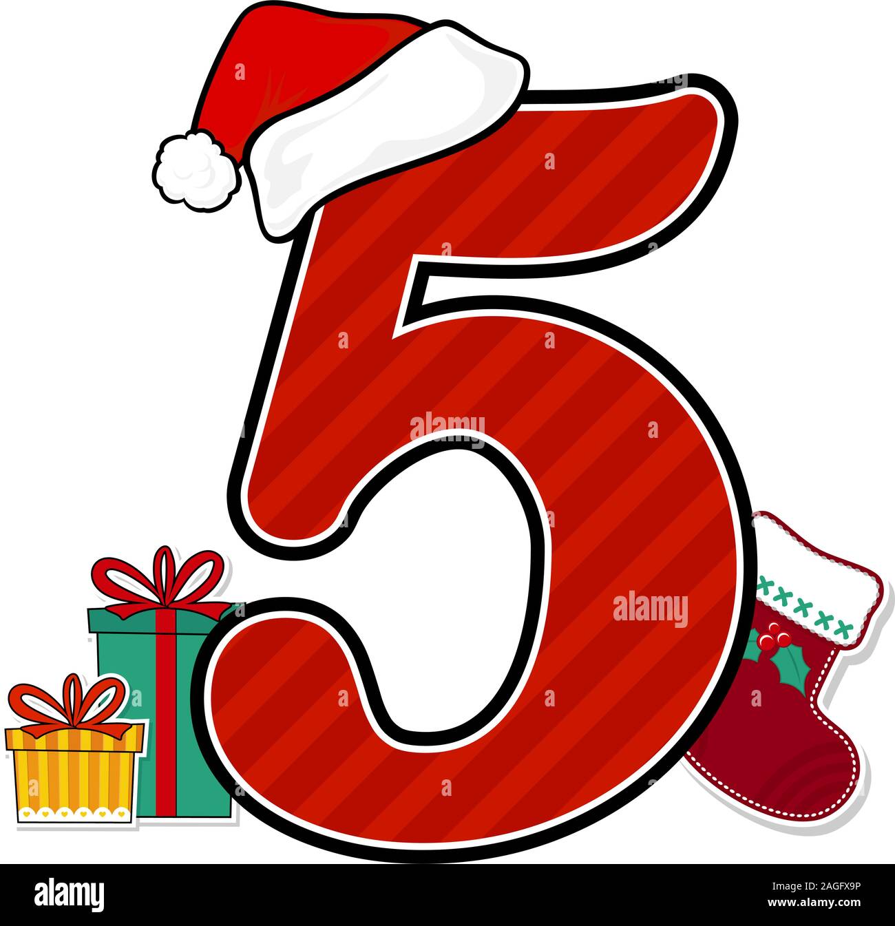 number 5 with red santa's hat and christmas design elements isolated on ...