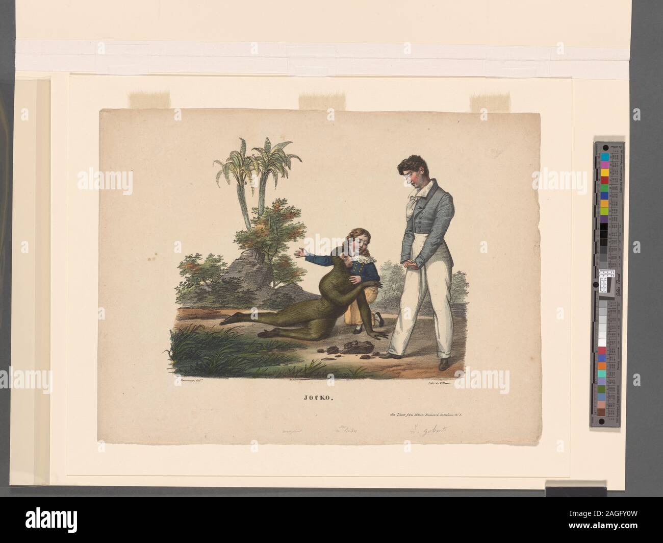 Jocko [in ape costume] raises himself from ground; child kneels behind ...