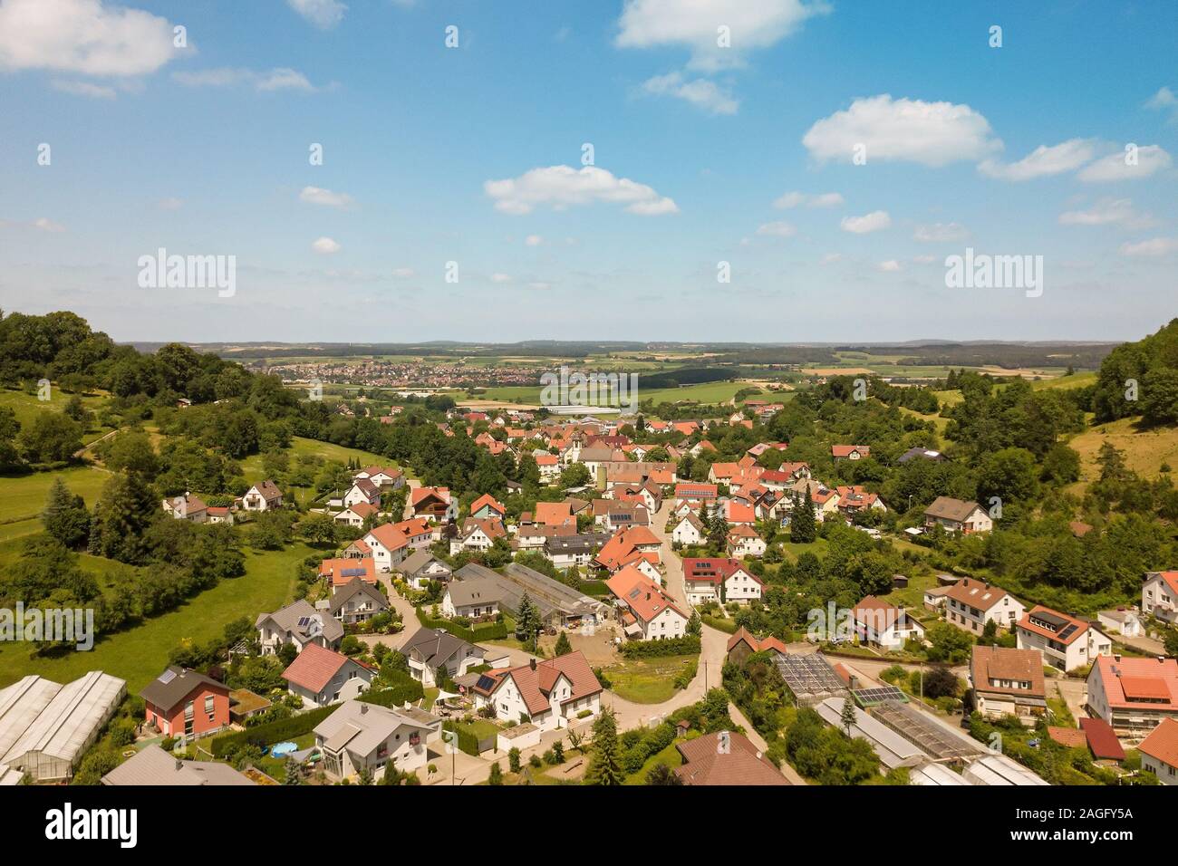 Aerial view of Lautern in Heubach, Germany in summer with blue sky ...