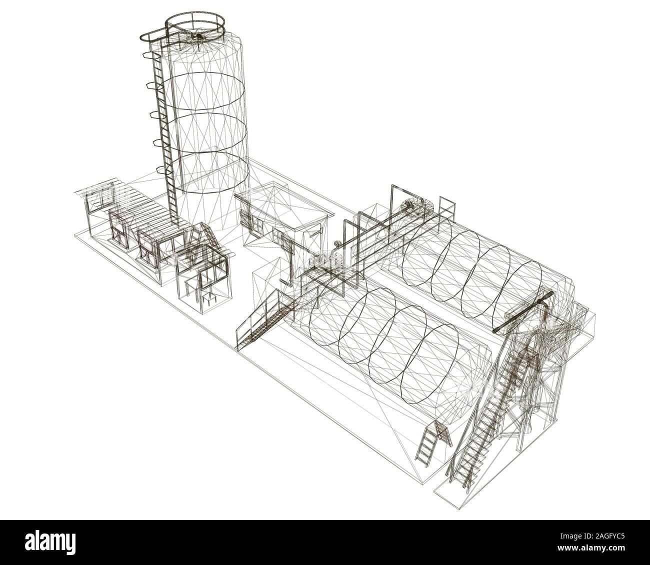 Wireframe of an industrial building with tanks. View isometric. Vector ...