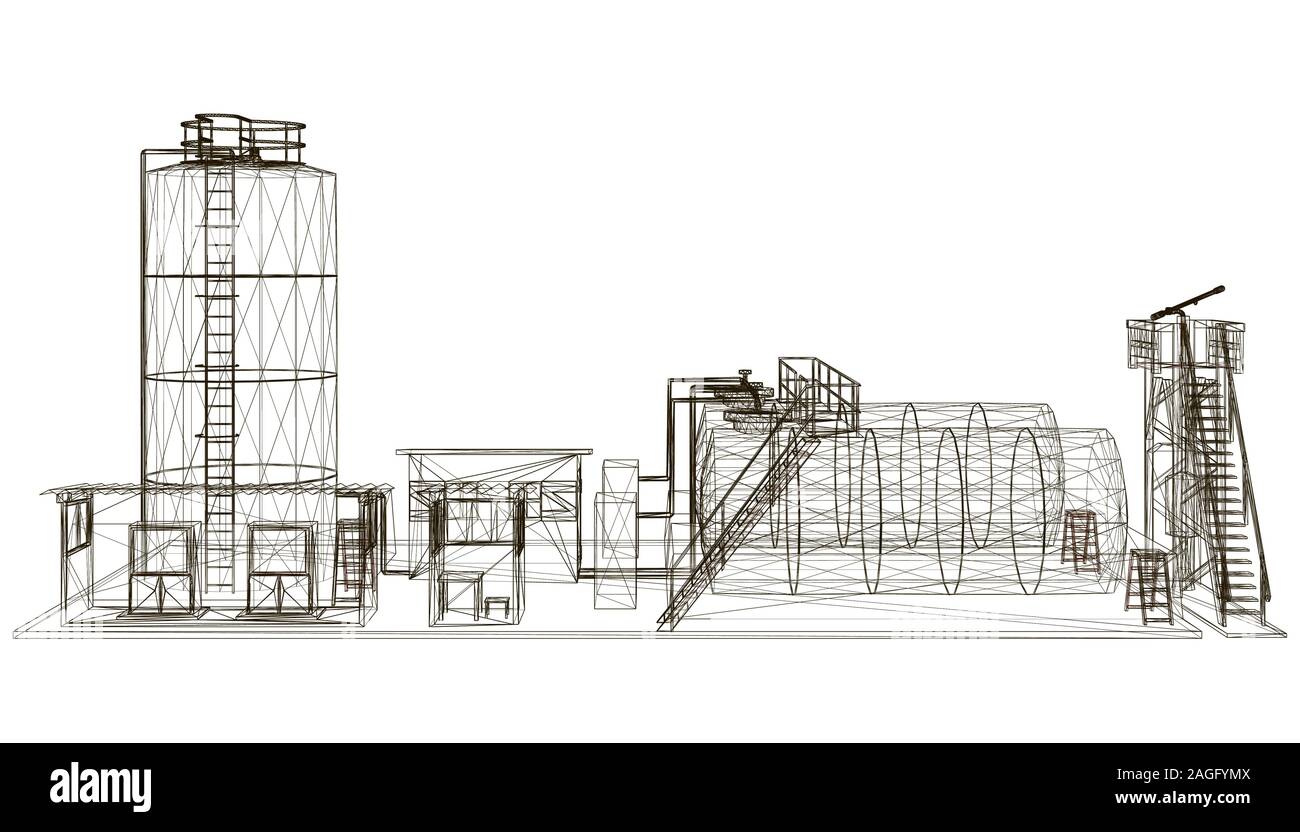 Wireframe of an industrial building with tanks. Side view. Vector ...
