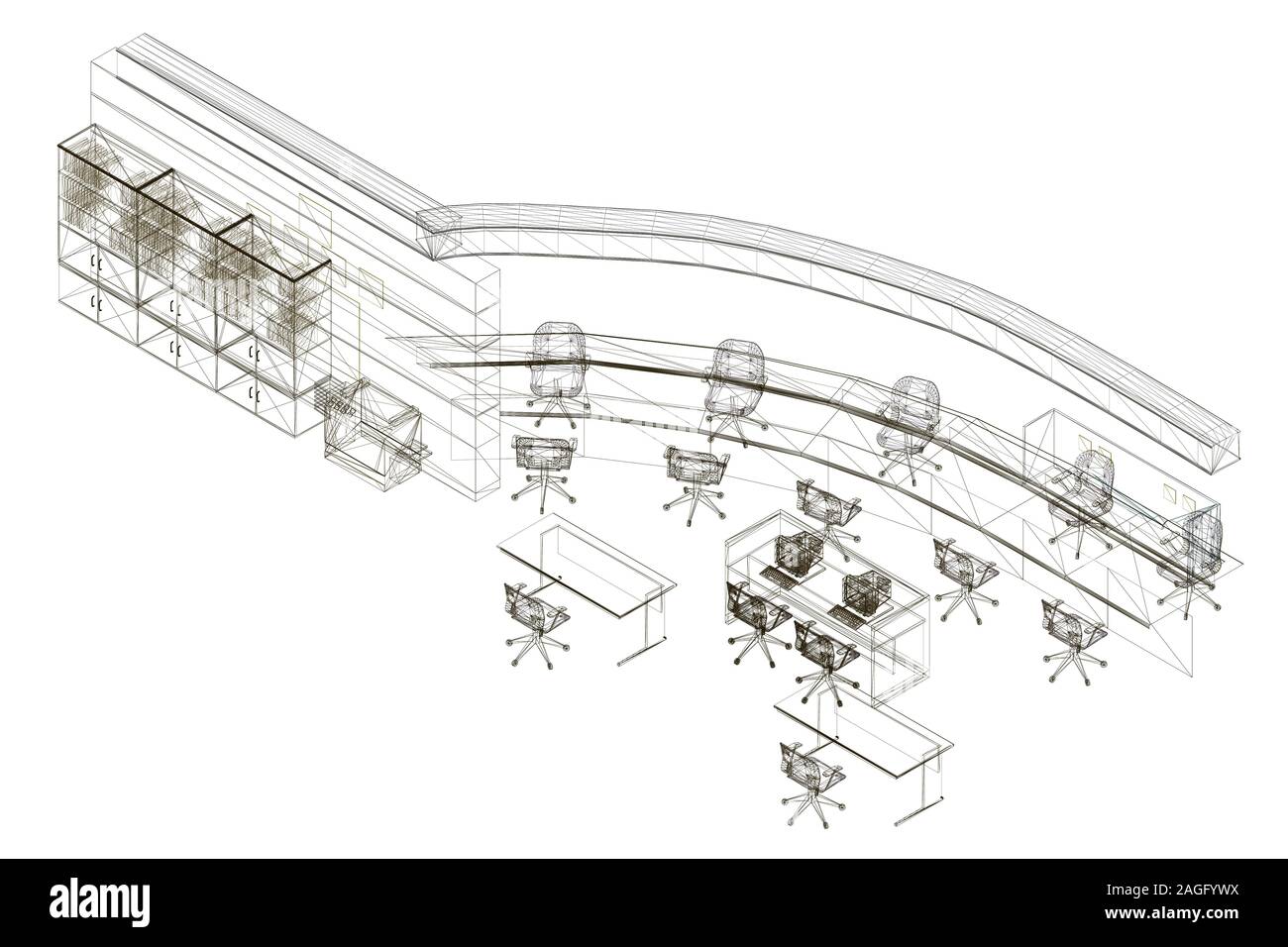 Wireframe part of the room with tables, chairs and computers. Working ...