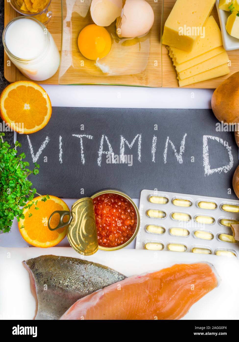 Vitamin D in food as fish, caviar, orange, micro greens, cheese, eggs ...