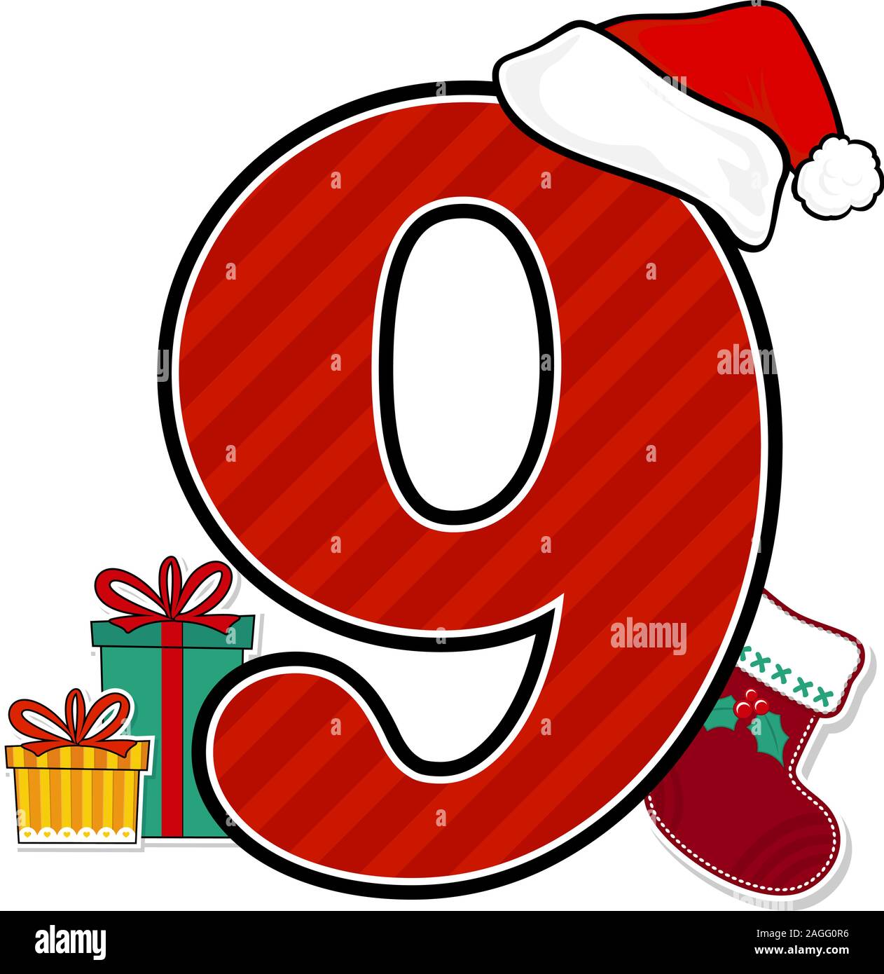 number 9 with red santa's hat and christmas design elements isolated on ...