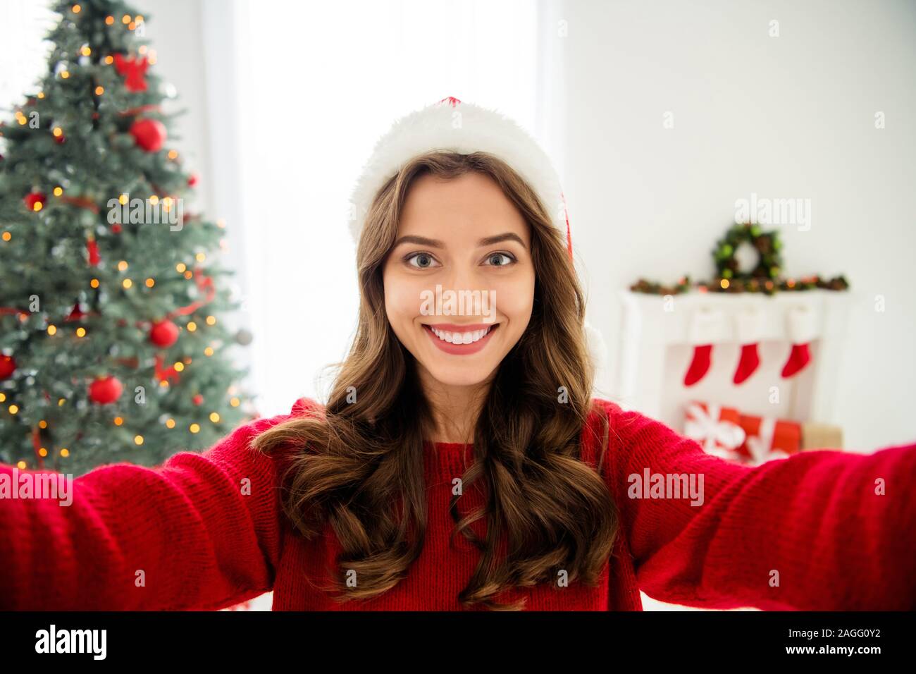 Self photo of attractive beautiful cute pretty girlfriend photographing ...
