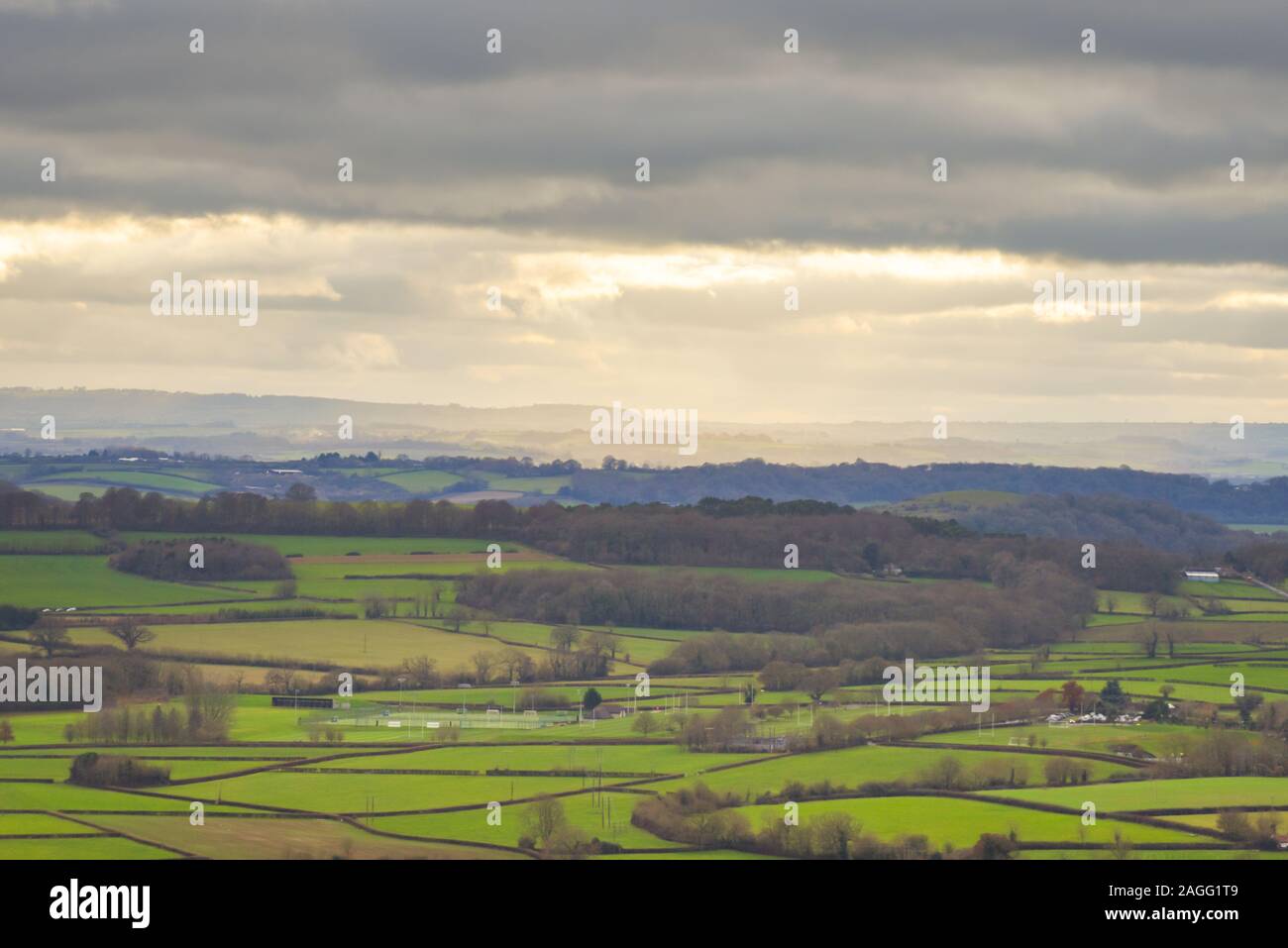 Wide angle view of dramatic english countryside landscape with hills ...