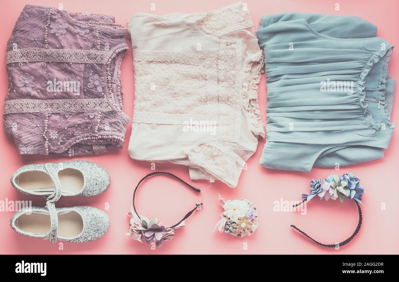 Toned photo of girls' fashion background in pastel colors, lace and ...