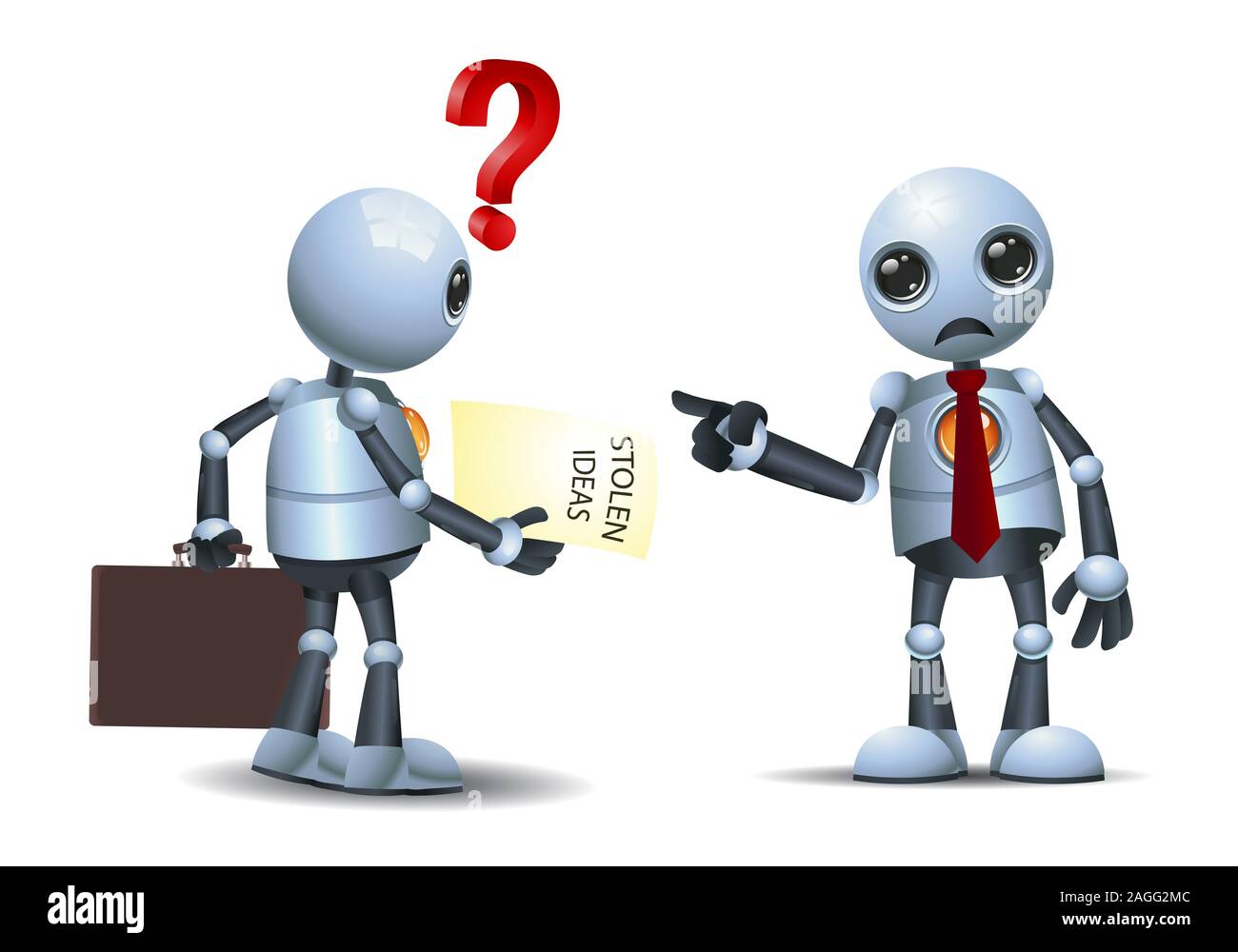 3d illustration of little robot stolen idea confrontation on isolated ...