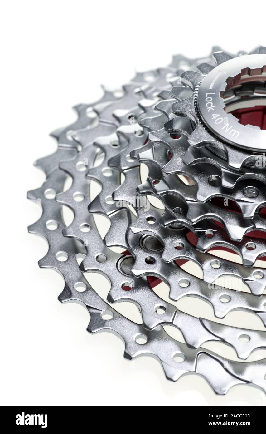 Mountain bike 9-speed cassette on white background Stock Photo - Alamy