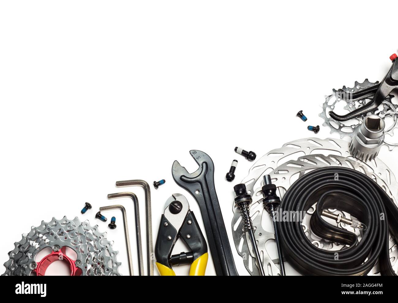 Mountain bike tools and spares on white background Stock Photo - Alamy