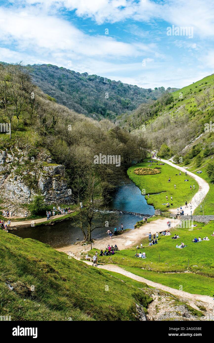 Aerial views of the stunning Dovedale stepping stones and mountains in ...