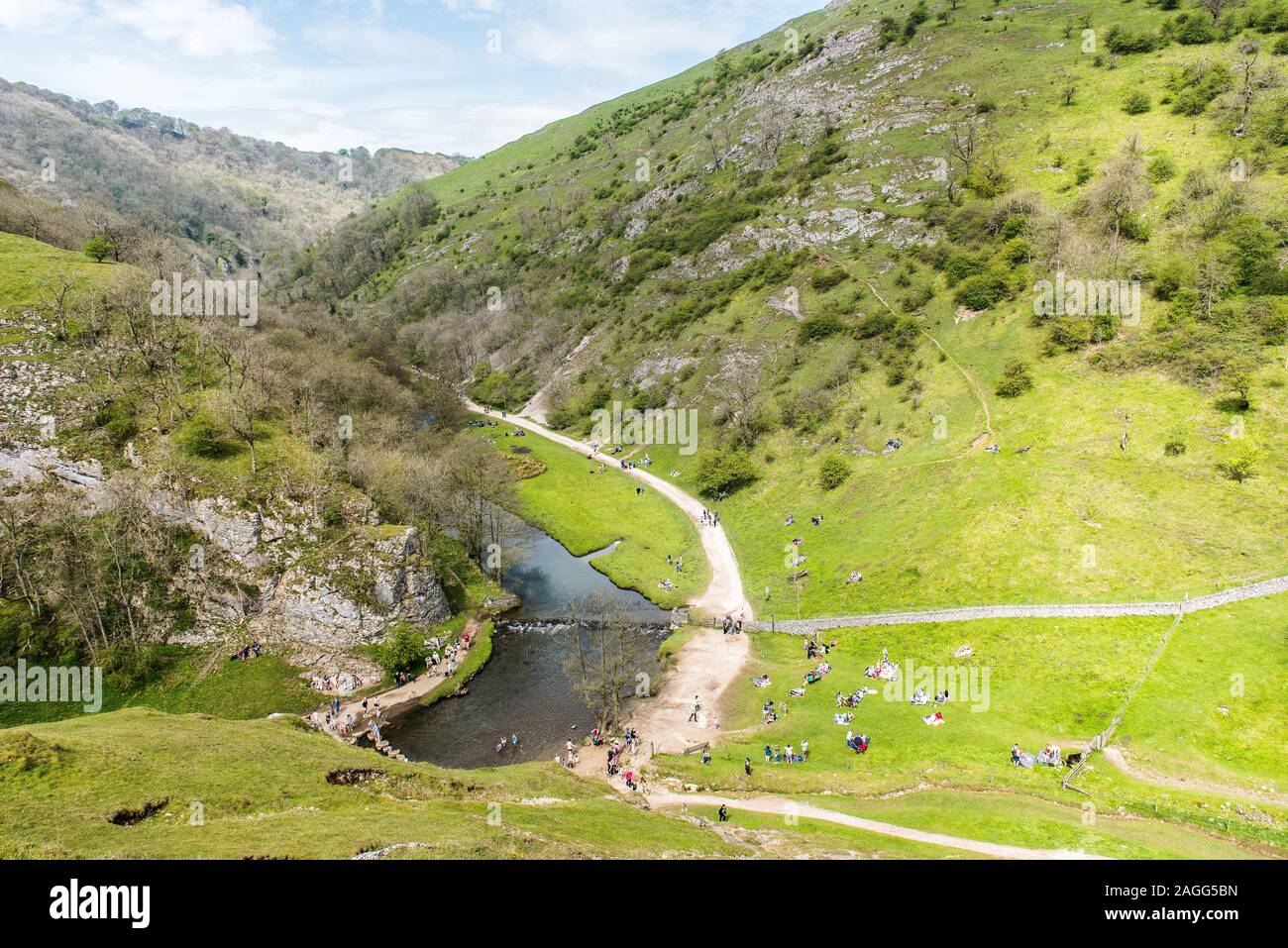 Aerial views of the stunning Dovedale stepping stones and mountains in ...