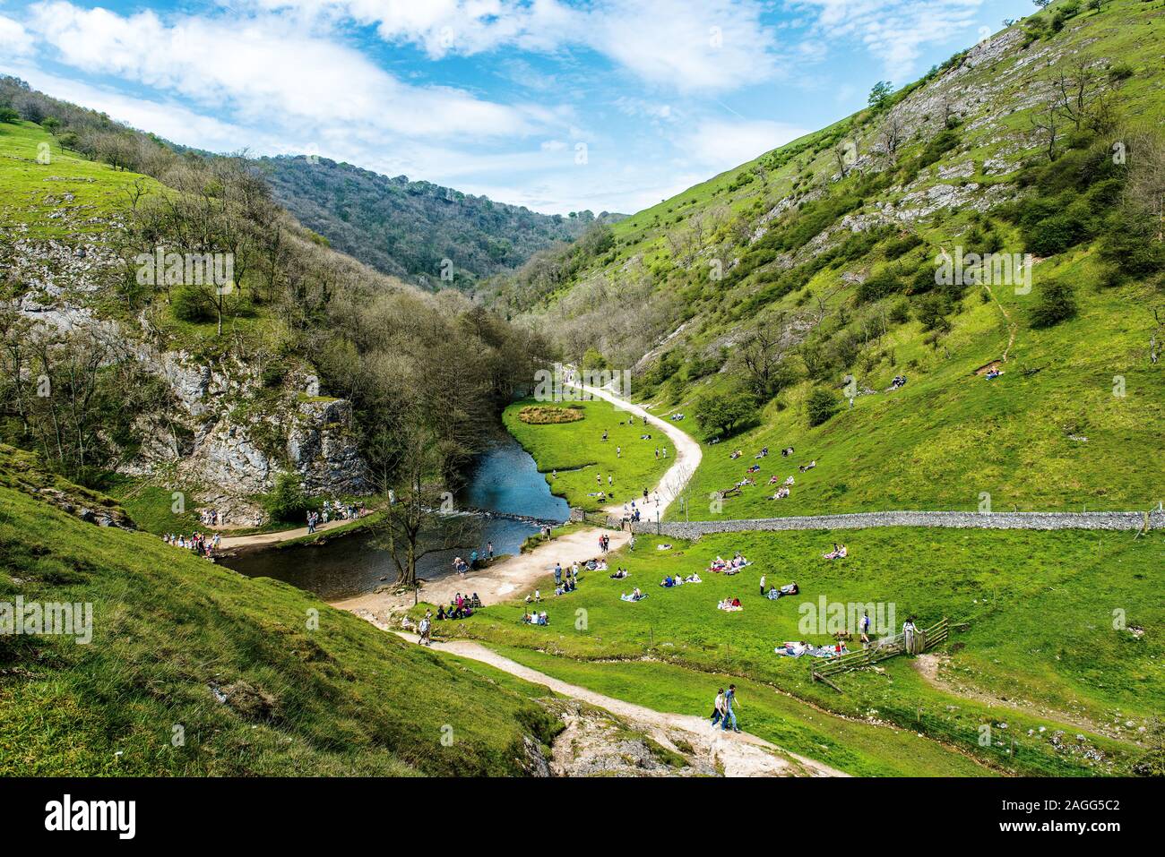 Aerial views of the stunning Dovedale stepping stones and mountains in ...