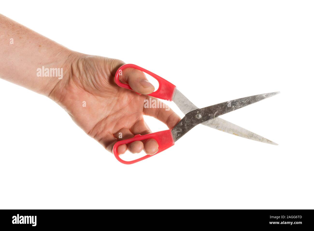 scissors in hand isolated on white background Stock Photo - Alamy