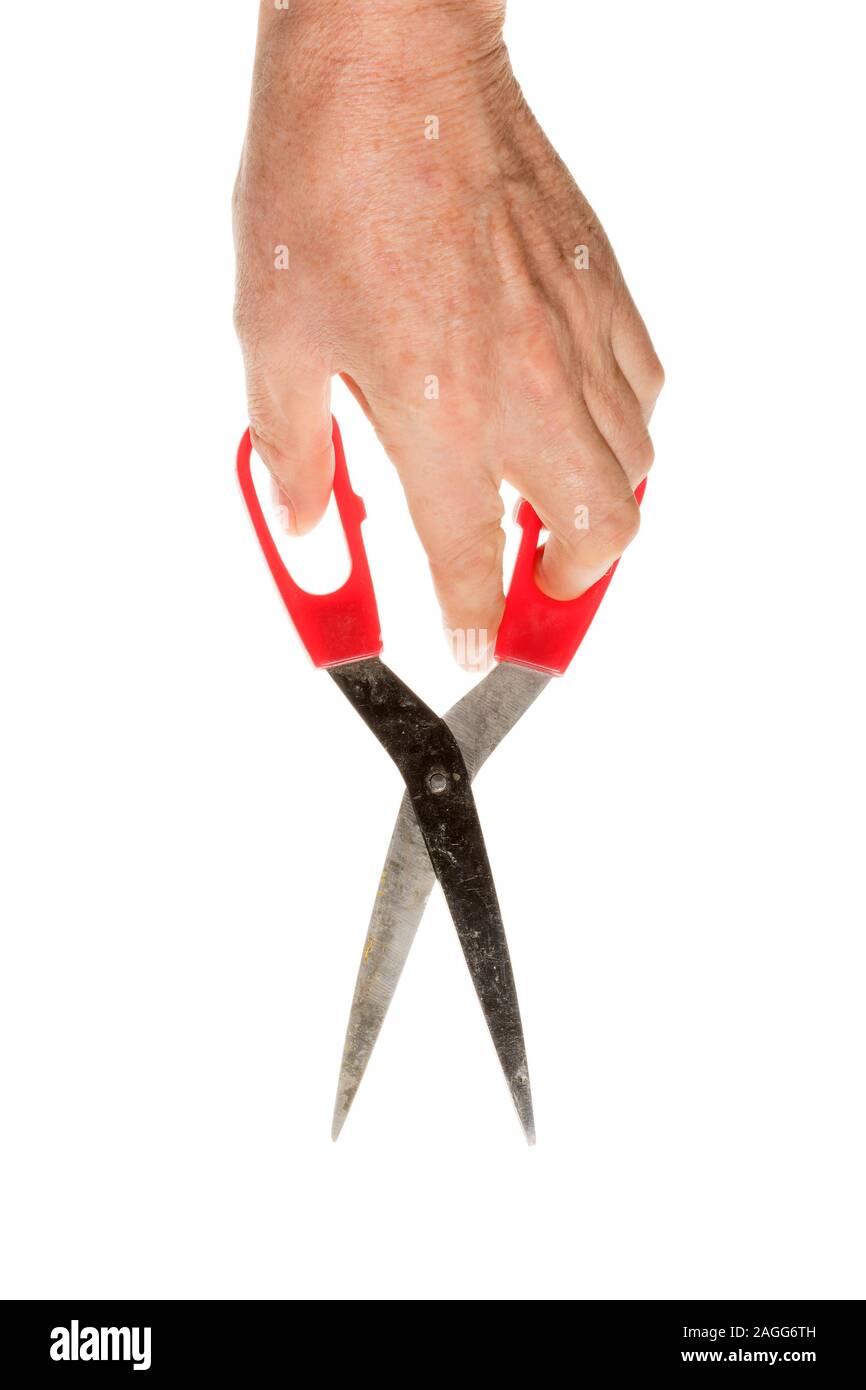scissors in hand isolated on white background Stock Photo - Alamy