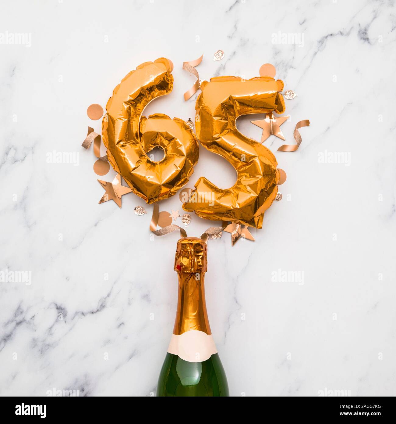Champagne bottle with gold number 65 balloon. Minimal party anniversary ...