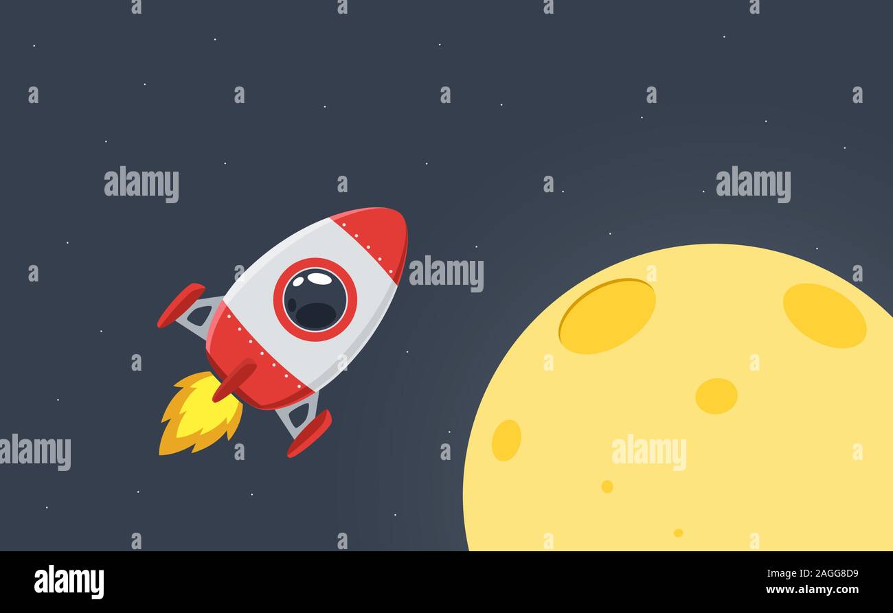 a red rocket is flying near the yellow moon. Vector Illustration Stock ...