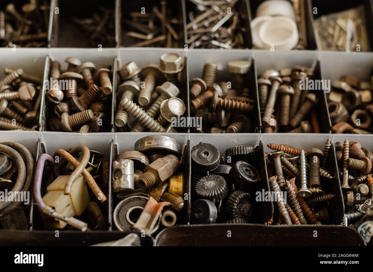 Used and new Bolts, nuts, grovers, bearings. Compartments of a plastic ...