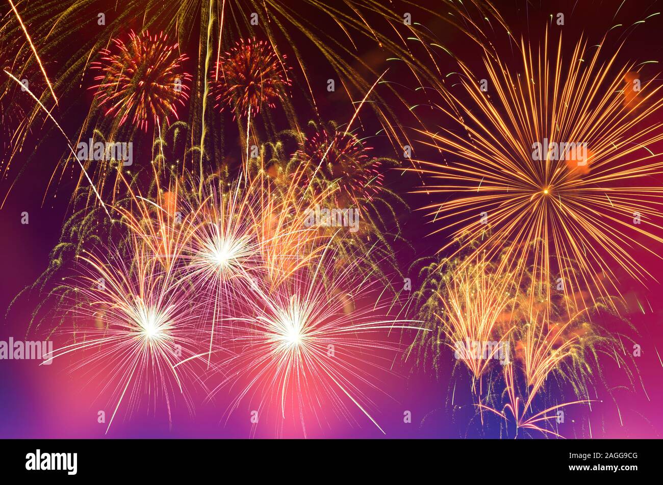 Closed-up of fireworks background with gold fireworks on twilight ...