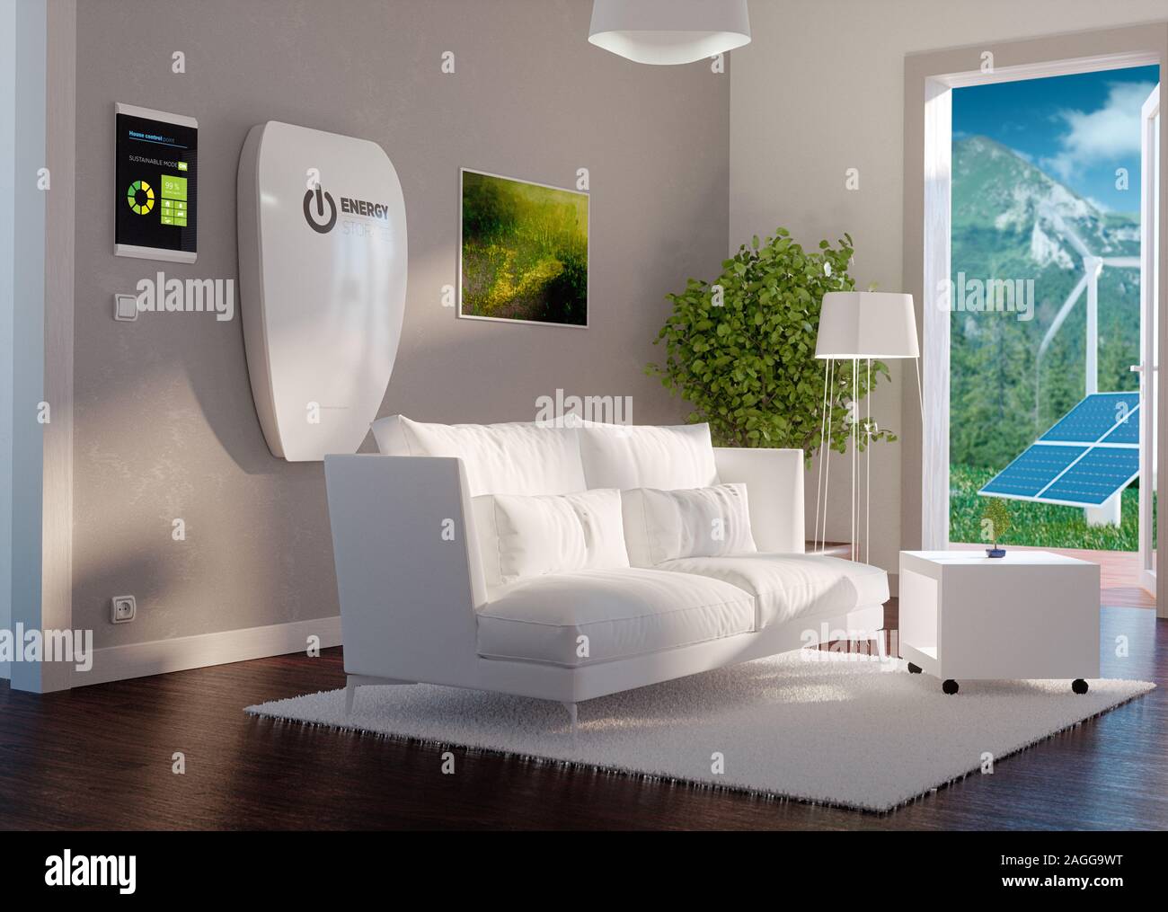 3d rendering of modern house interior with independent energy storage ...