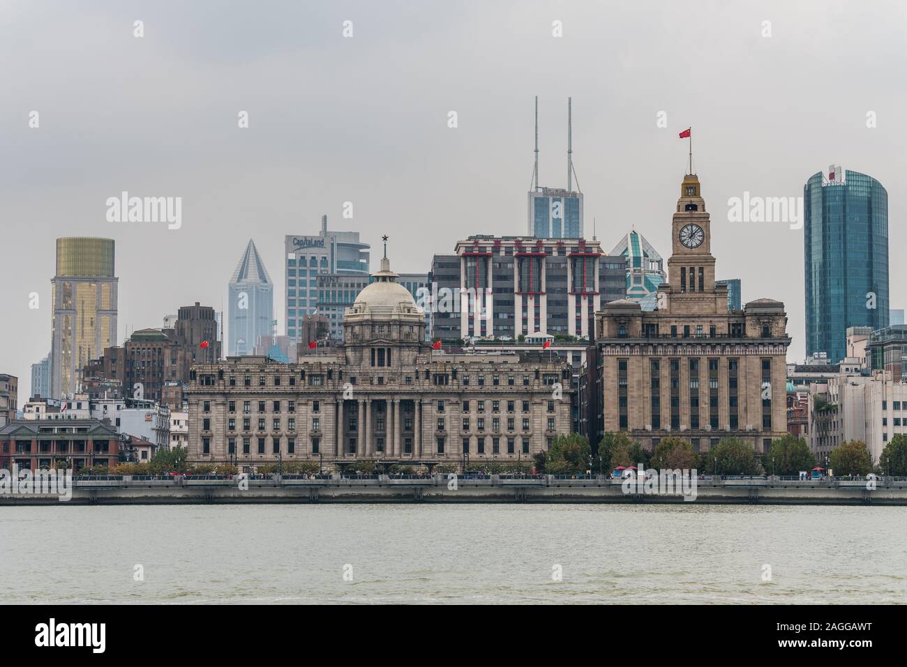 Modern skylines at the bank of Huangpu River, the bund of Shanghai ...