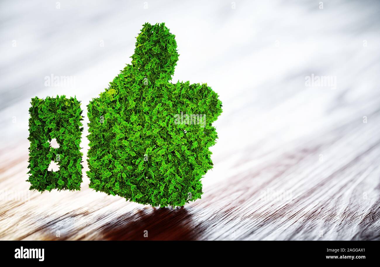 Green thumbs up sign on blurred wooden background. 3D illustration ...