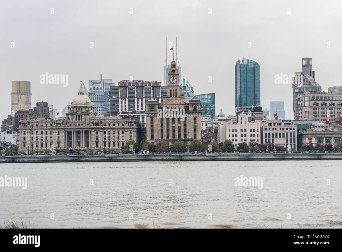 Modern skylines at the bank of Huangpu River, the bund of Shanghai ...