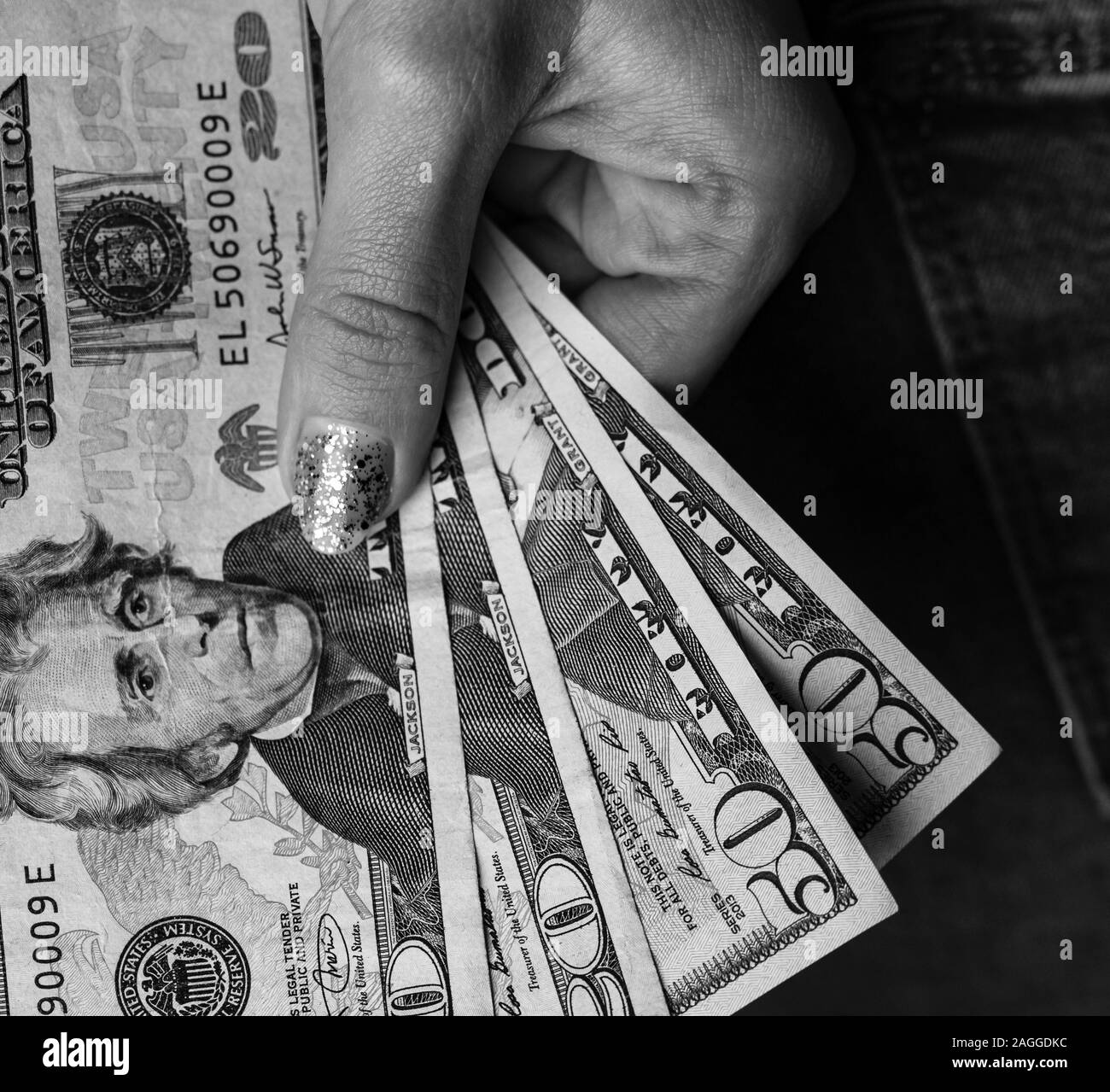 Woman with dollar of bank note Black and White Stock Photos & Images ...