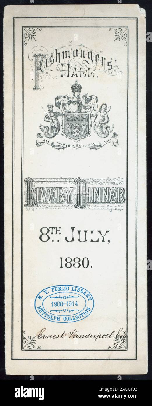 GUEST LIST ONLY; PLACE CARD; LIVERY DINNER [held by] FISHMONGER'S HALL ...