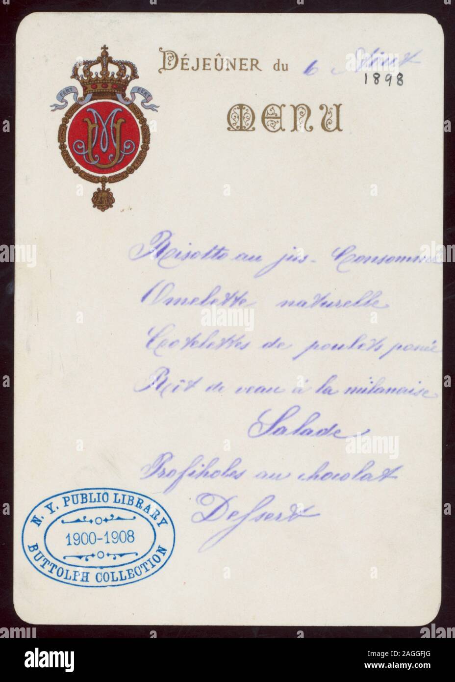 YEAR,NAME AND PLACE HANDWRITTEN;MENU IN FRENCH; 1898-0239; LUNCH [held ...