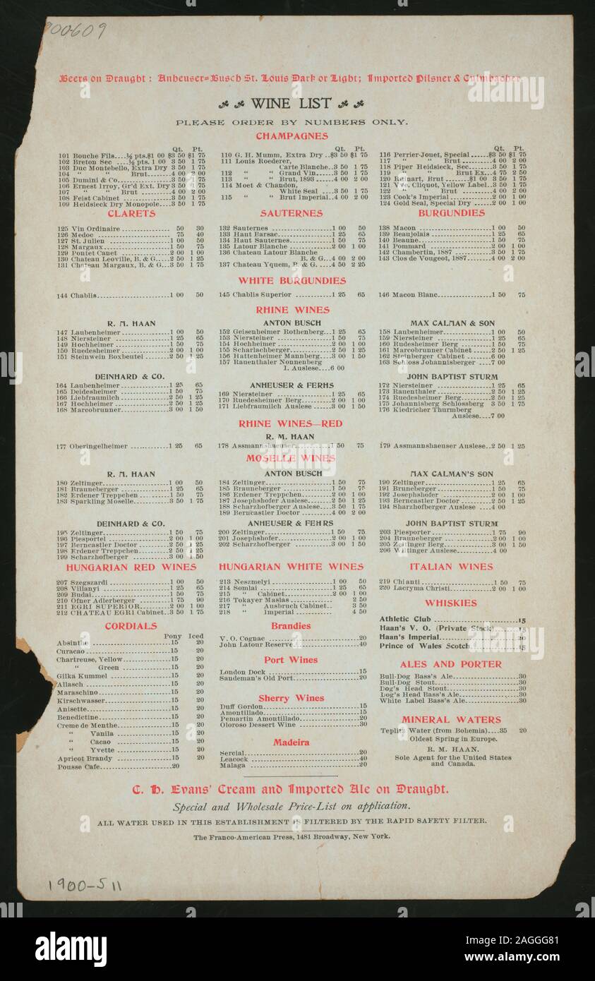 PRINTED MENU AND WINE LIST; LUNCH [held by] HAAN'S [at] PARK ROW BLDG ...