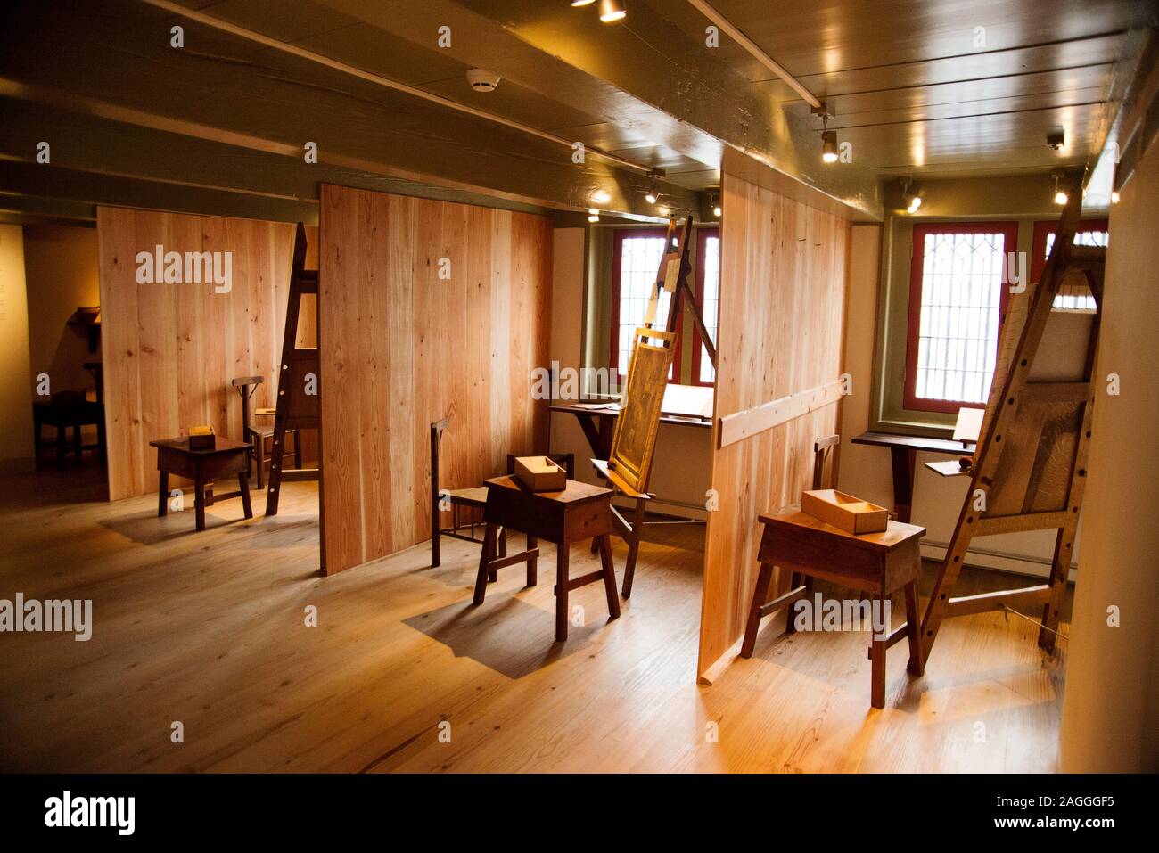 Rembrandt House Amsterdam. Interior image showing easels set up next to ...