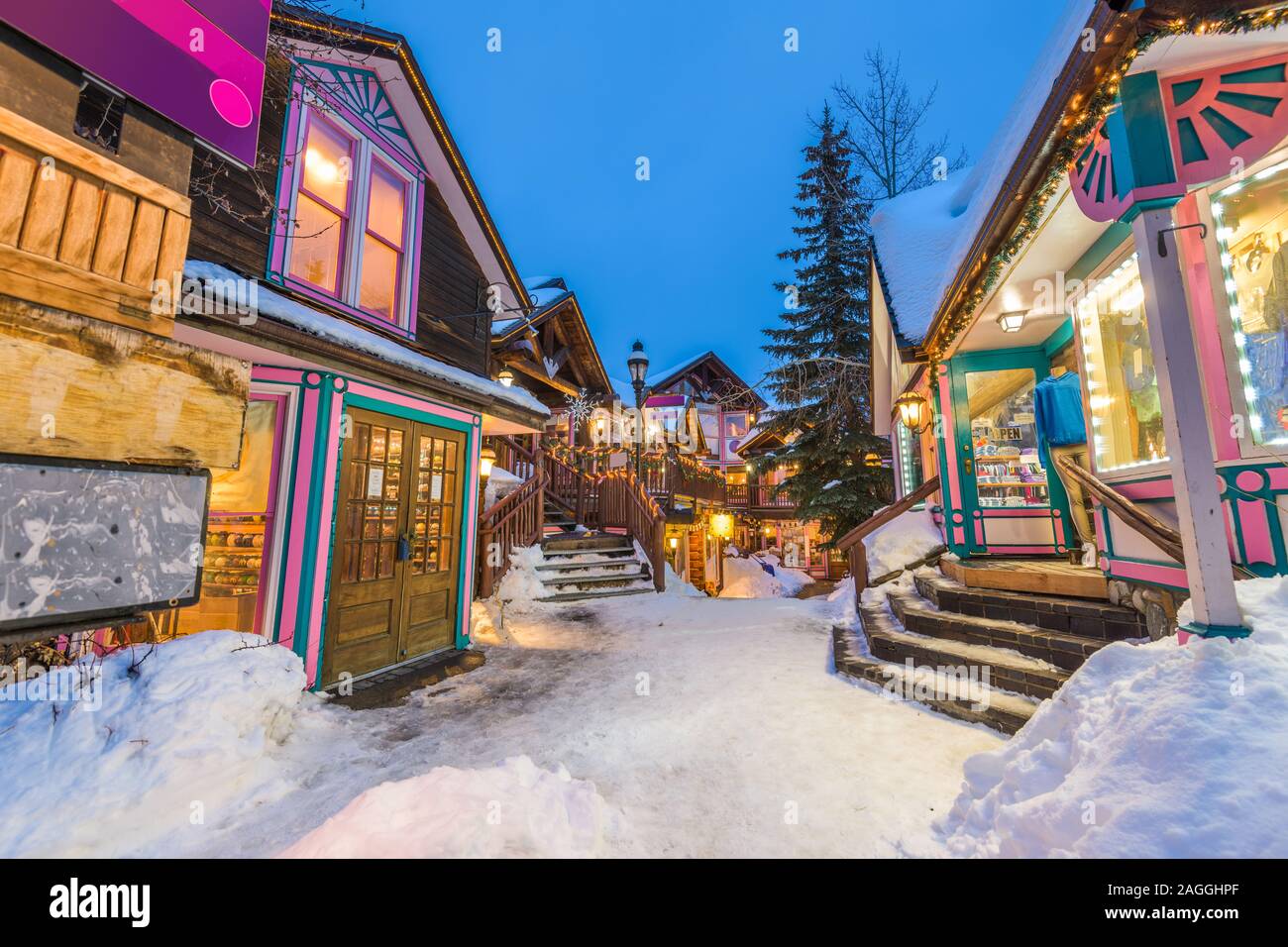 Breckenridge, Colorado, USA downtown streets at night in the winter ...