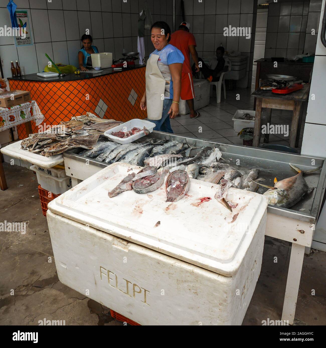 Fishmonger market stall. A fishmonger at work in her open fronted store ...