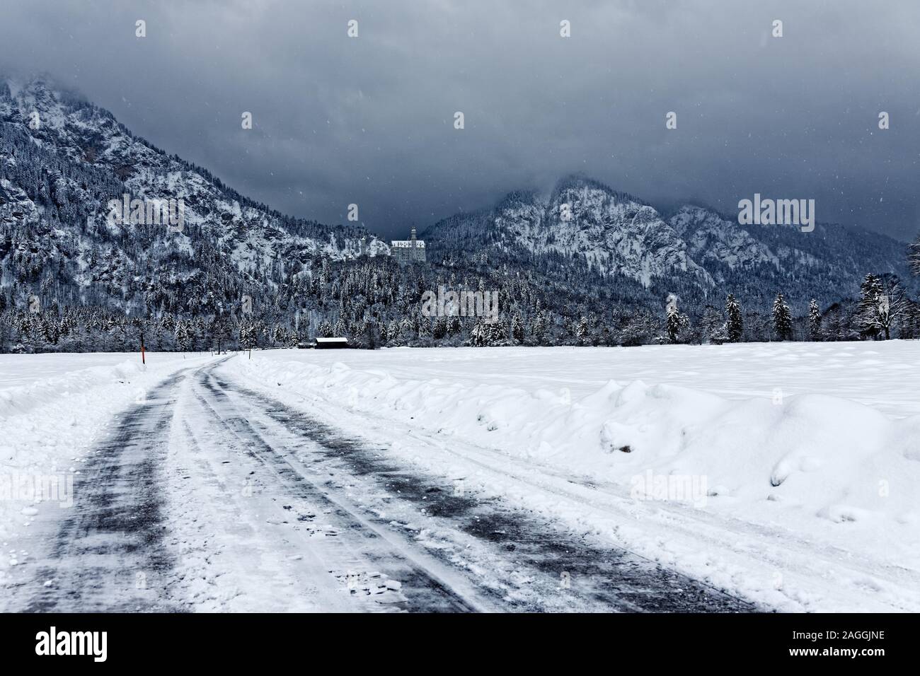 Snowy driving road in alps. Neuschwanstein Castle Stock Photo - Alamy