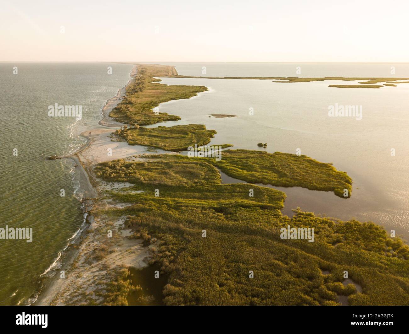 Aerial view of Tuzly Estuary National Nature Park near by Black Sea ...
