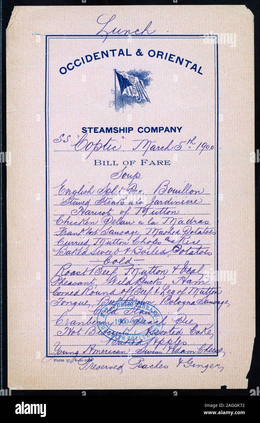 HANDWRITTEN; PINK PAPER 1900-2289; LUNCH [held by] OCCIDENTAL ...