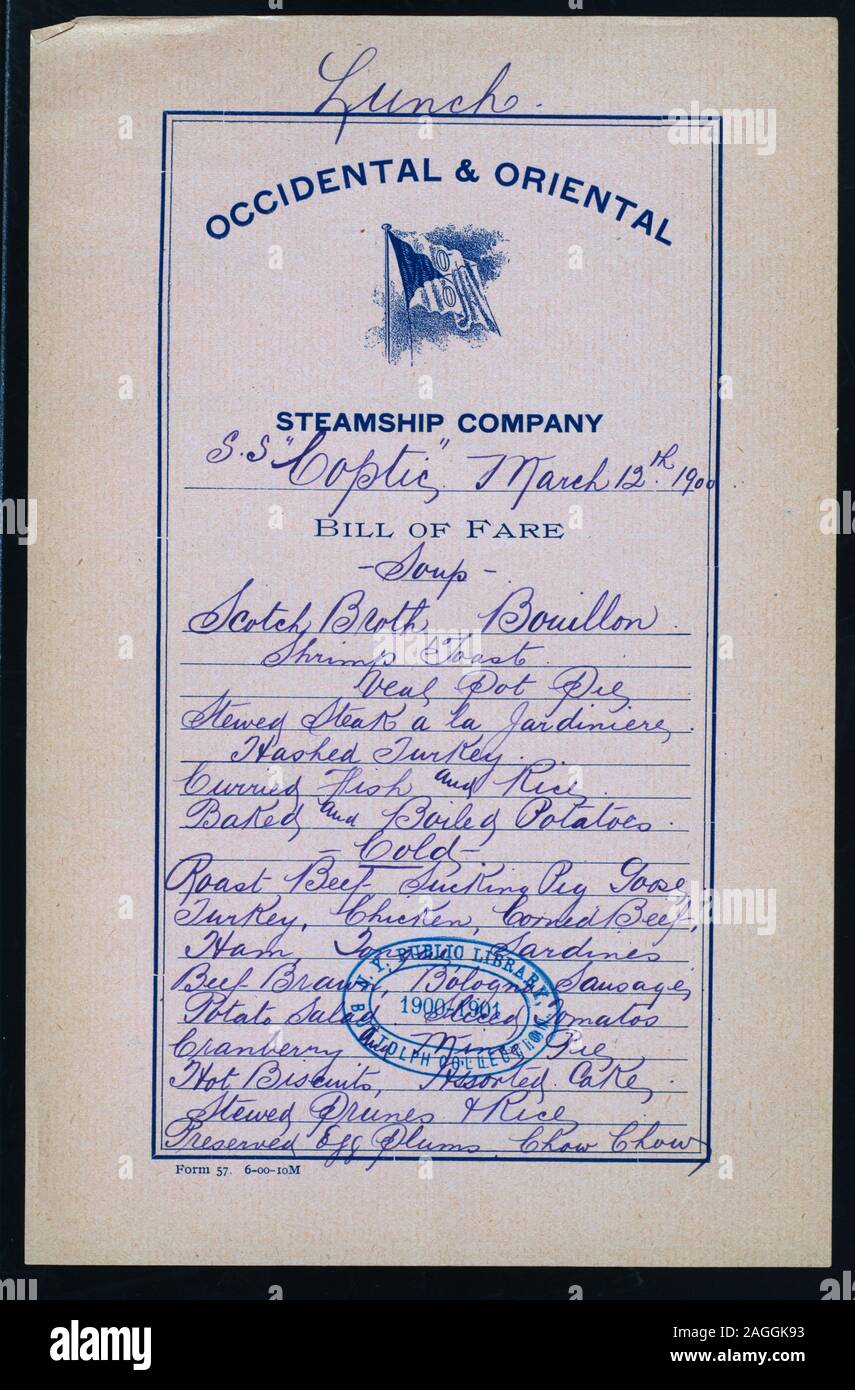 HAND-WRITTEN 1900-2391; LUNCH [held by] OCCIDENTAL & ORIENTAL STEAMSHIP ...