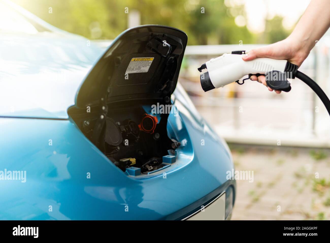 Man holding in hand power cable supply ready to plugged in into ...