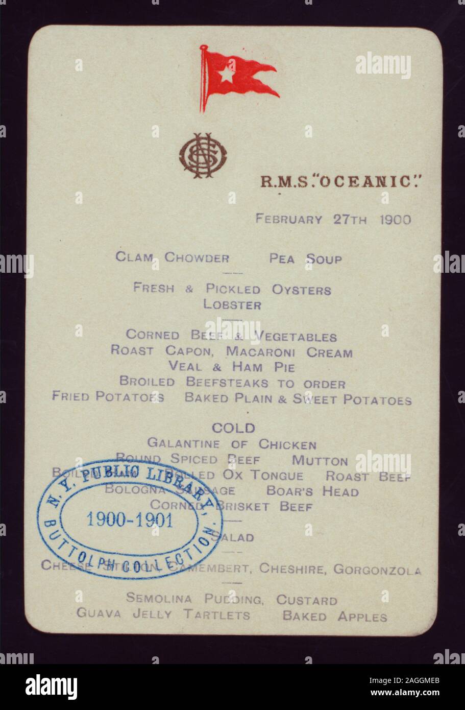 SMALL FLAG AND LOGO; LUNCH [held by] R.M.S. OCEANIC [at] EN ROUTE (SS ...