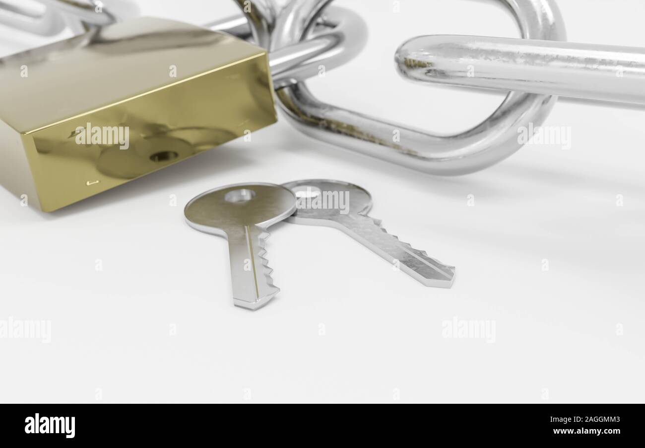 Two small keys with metal chain and lock isolated on white background ...