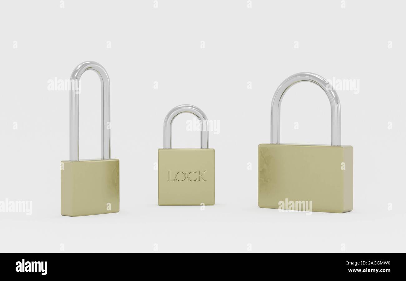 Set of different golden metal locks on white background 3d illustration ...