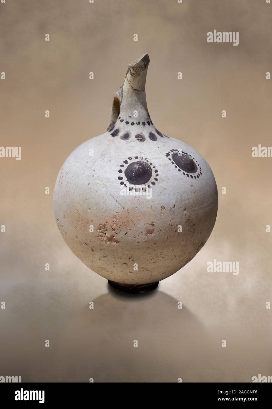 Minoan clay polychrome beak spouted nippled ewer with human and bird features, Akrotiri, Thira ...