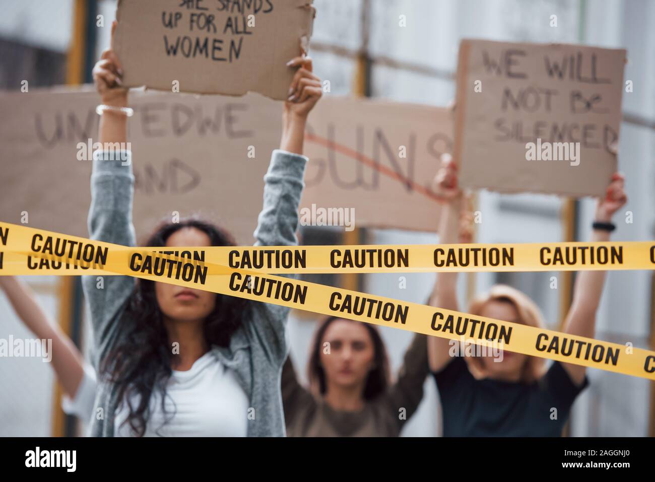 Modern feminist movement in action. Group of women have protest for ...