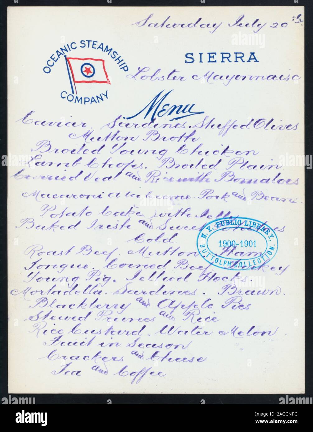 MENU HANDWRITTEN; LUNCH] [held by] OCEANIC STEAMSHIP COMPANY - SIERRA ...