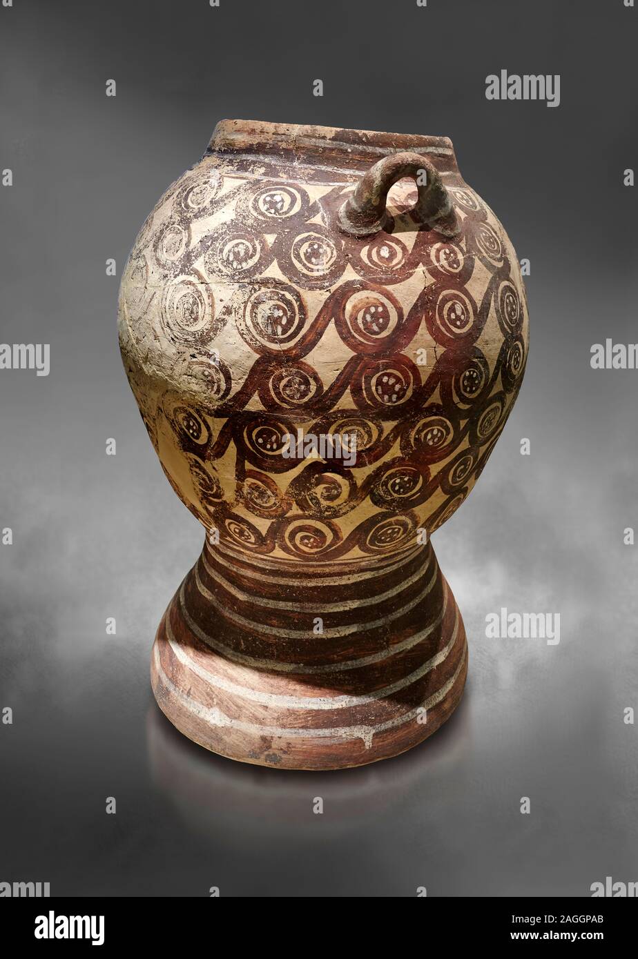 Minoan Theran style strainer jar decorated with spirals on a dark ...