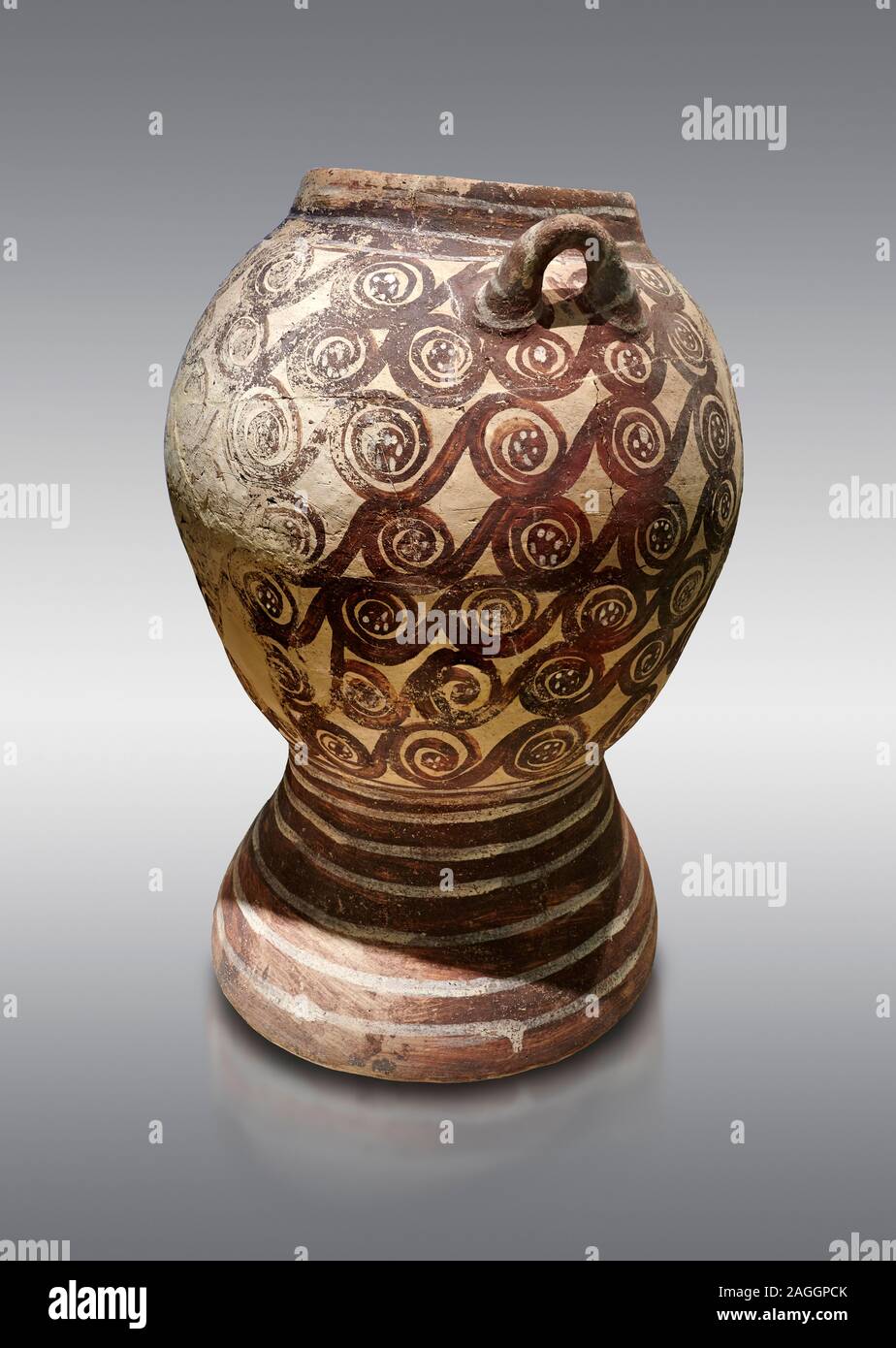 Minoan Theran style strainer jar decorated with spirals on a dark ...